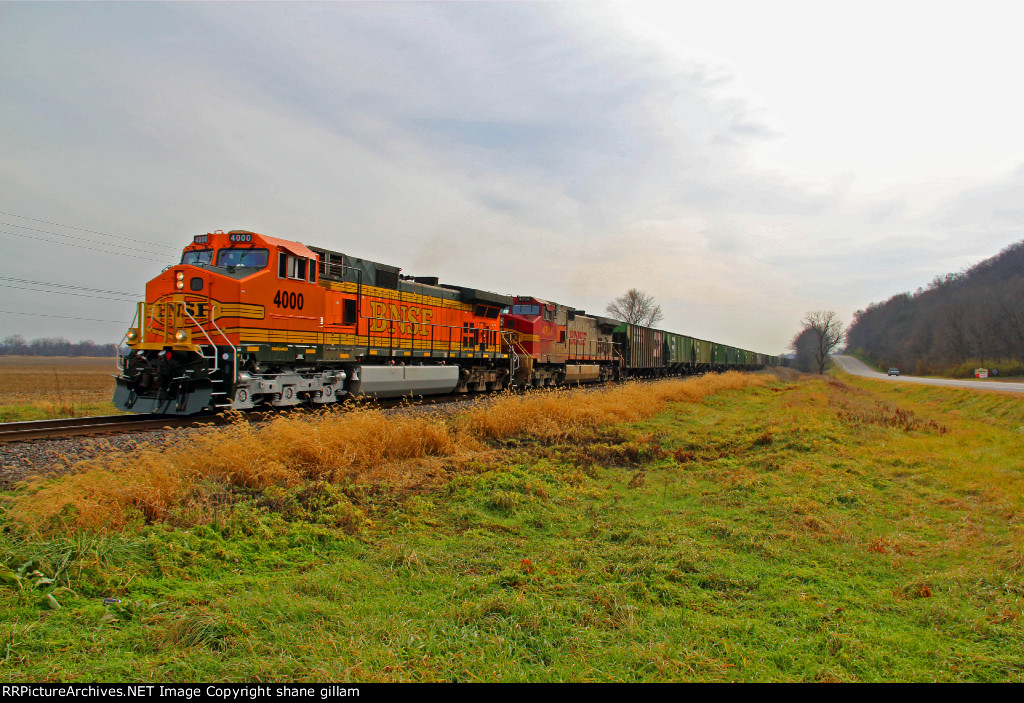 BNSF 4000 Heads Nb with a grain train.